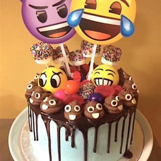 Emoji Cake, chocolate ganache, emoji toppers, candy, poop emoji ...